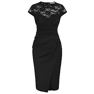 Women's Vintage Floral Lace Dress Asymmetrical Hem Cocktail Formal Swing Dress M Black