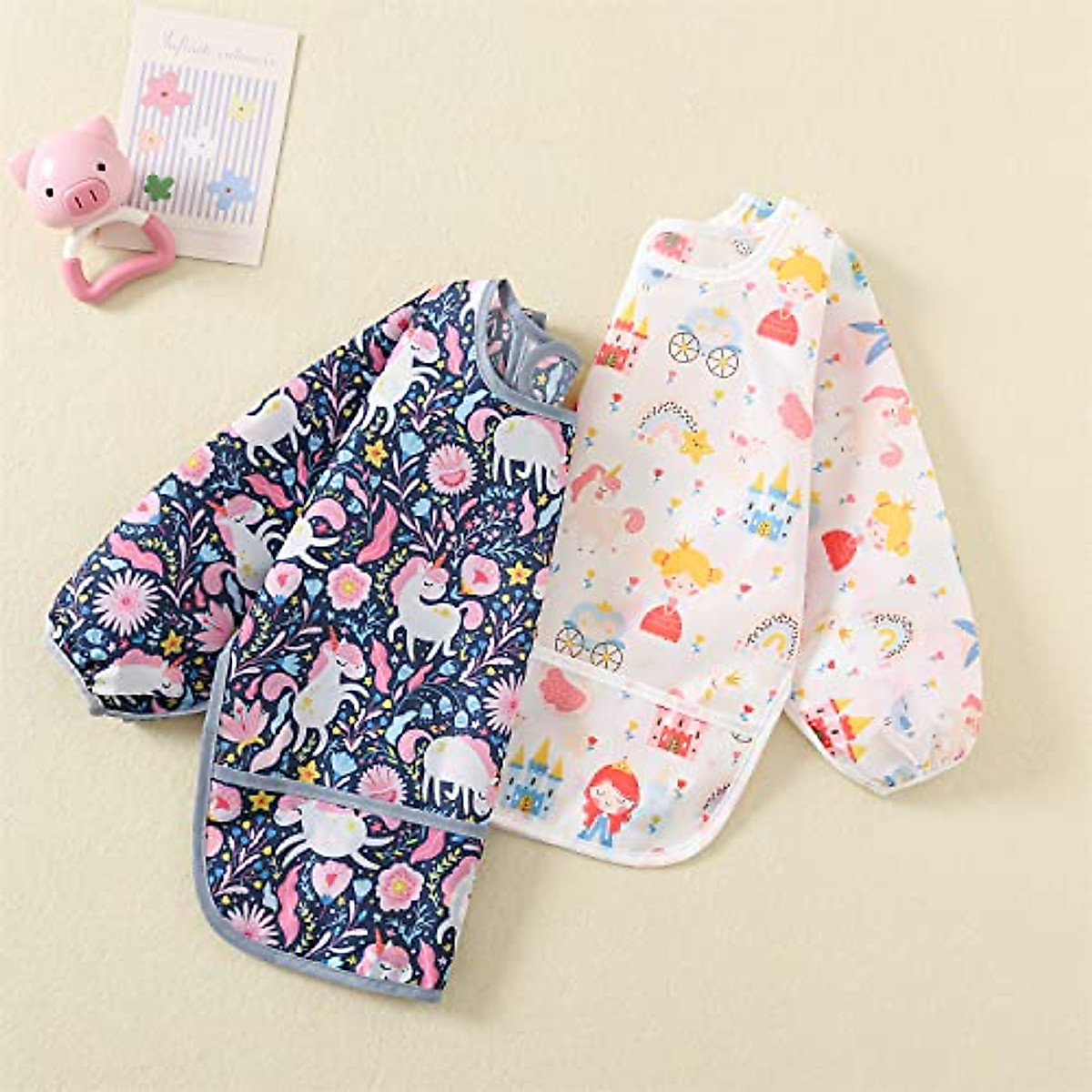 Hafftnun 5pcs Set Long Sleeve Waterproof Bib Full Coverage Apron Bib Smock Toddler Bibs with Pocket 6-30 Months