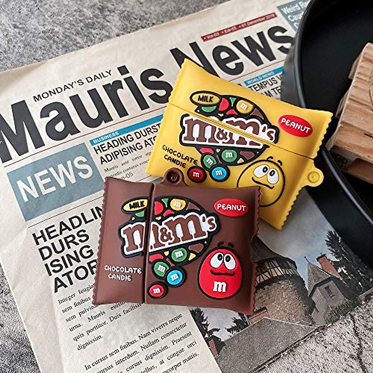 N+V Compatible with Airpods Pro Case Cover,Stylish Chic Food Character Skin Keychain,Cute 3D Funny Cartoon Food MM Chocolate Soft Silicone Protective Airpods Cover,for Girls Boys Teens Kids (Yellow)