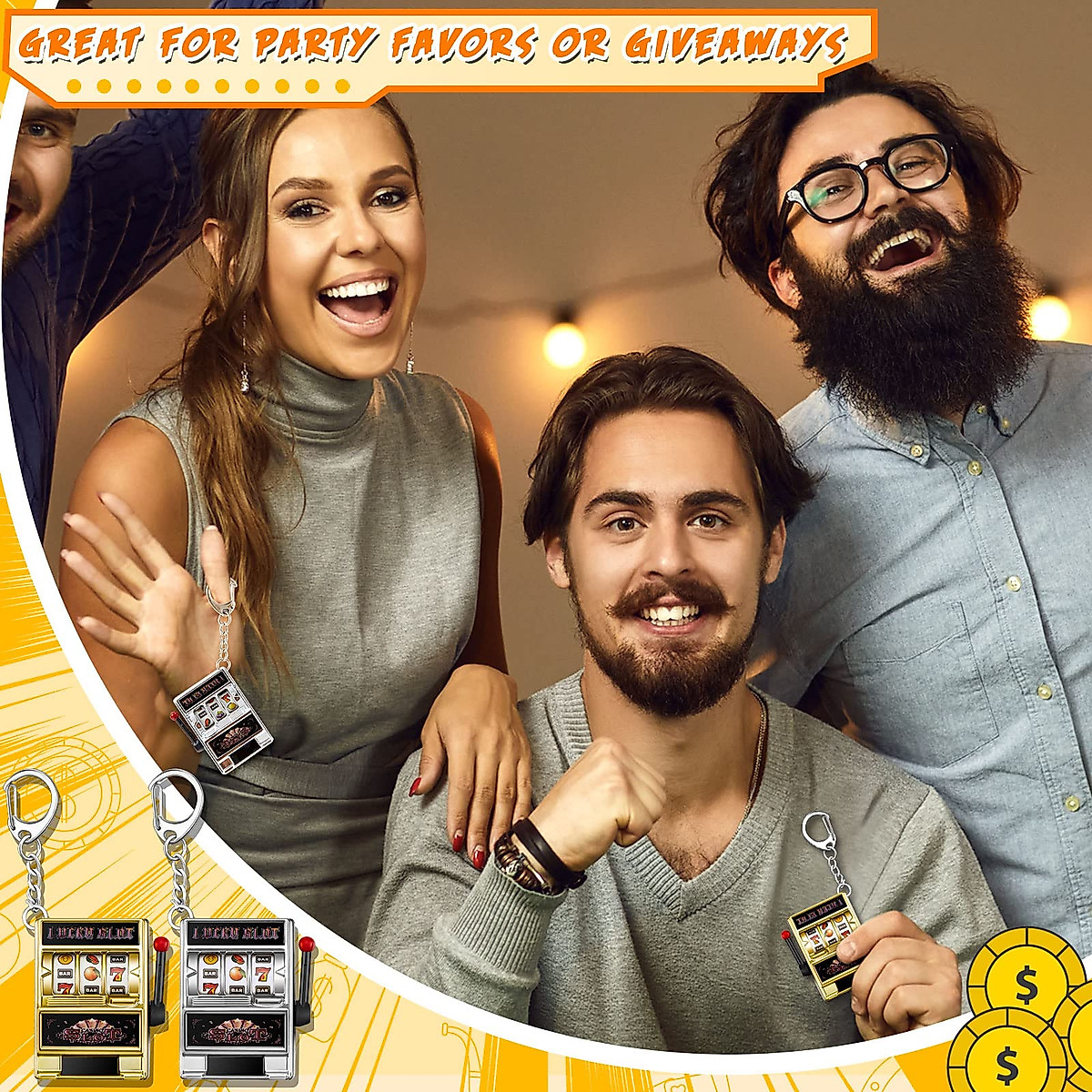 Panelee 8 Pcs Slot Machine Keychain Mini Casino Key Chains Kawaii Keychain for Christmas Las Vegas Party Gifts (Gold,Silver)