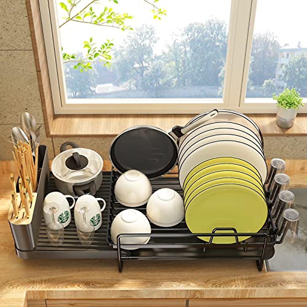 PXRACK Dish Drying Rack, Expandable(19.1"-26.9") Large Capacity Dish Rack and Drainboard Set, Stainless Steel Dish Drainers with Utensil Holder for Kitchen Counter, Black