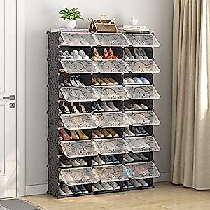 KOUSI Portable Shoe Rack Organizer 72 Pair Tower Shelf Storage Cabinet Stand Expandable for Heels, Boots, Slippers， 12-Tiers Black & Transparent Door