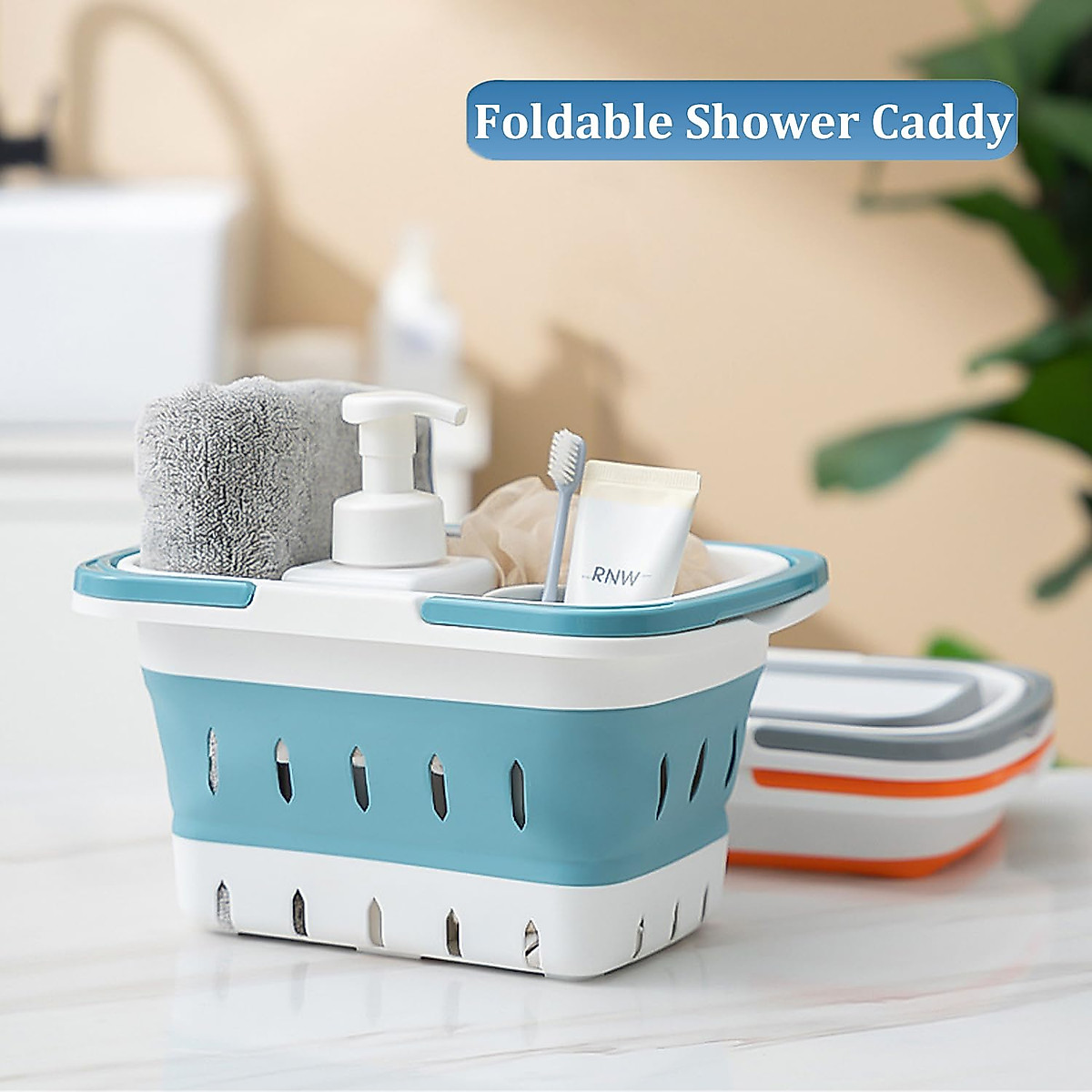 Haundry Portable Shower Caddy Basket, Foldable Caddy Basket with Handles, Collapsible Storage Organizer for Bathroom, Kitchen, College Dorm,Gym (Blue)