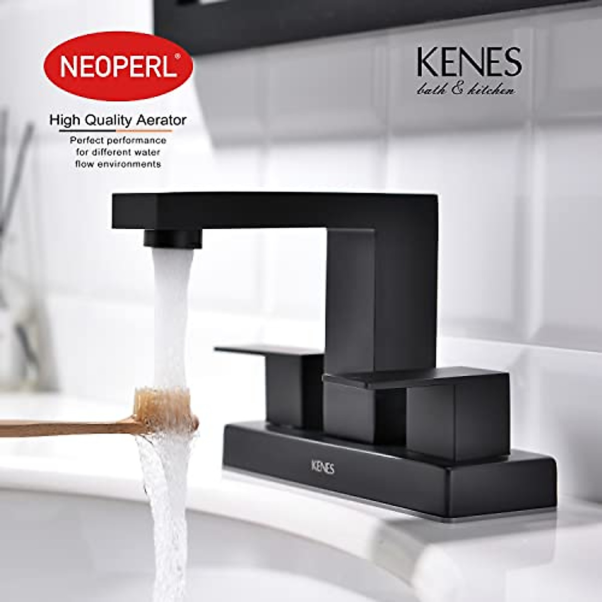 KENES Black 2 Handle Bathroom Sink Faucet Matte Black 4 Inch Centerset Bathroom Faucet Modern Vanity Faucet 3 Holes Lavatory Faucet with Lead-Free Supply Hose, KE-9051-2