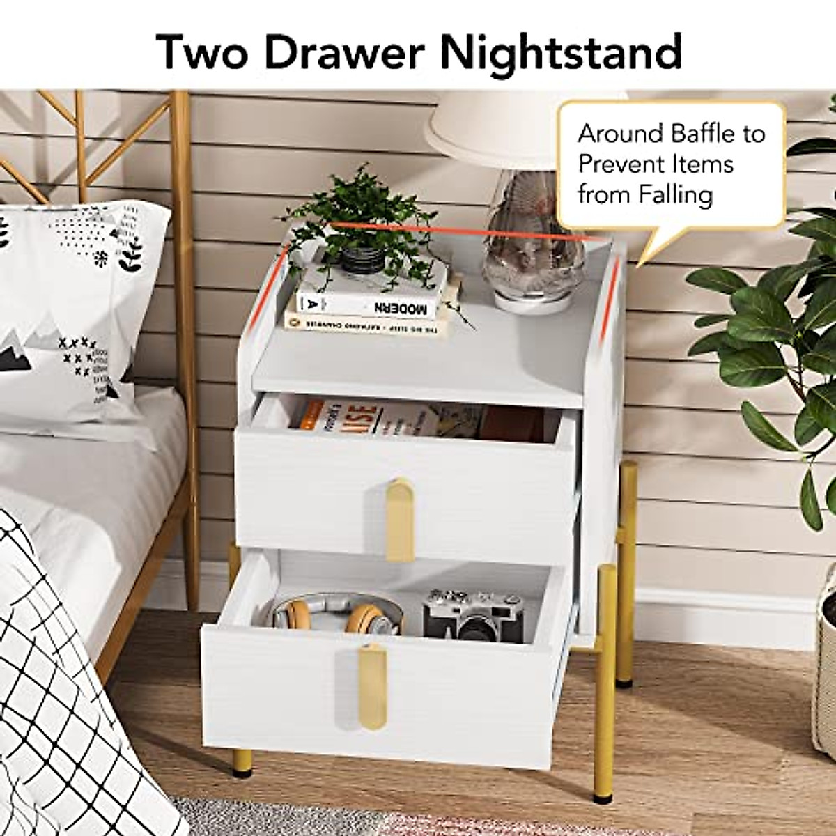 Tribesigns 2-Drawer Nightstands Set of 2, Modern White Gold Nightstand for Bedroom, Wooden Bed Side Table with Storage, Large Night Stand with Gold Metal Frame, Sofa Side Table for Living Room