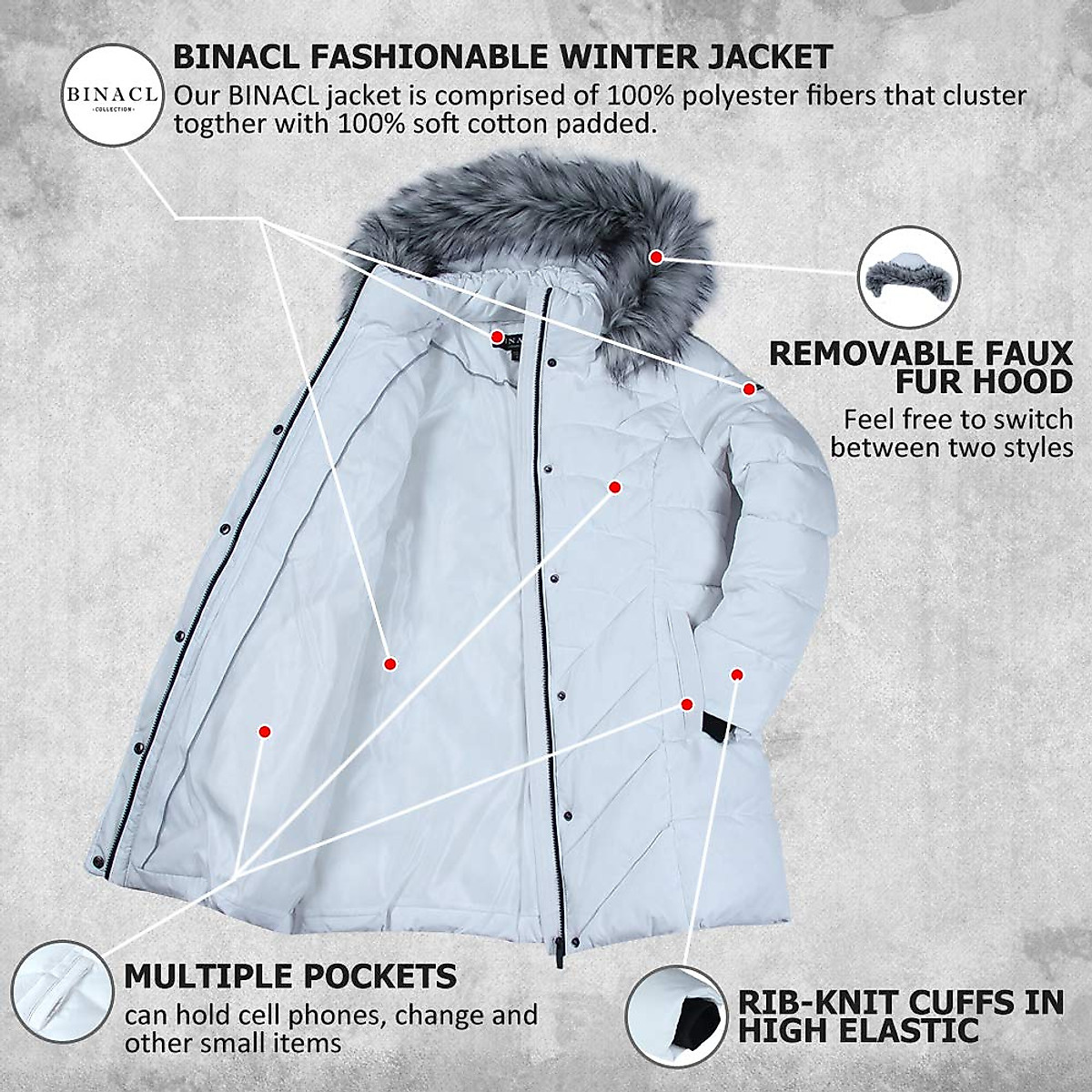 BINACL Long Hooded Down Alternative Overcoat, Sports Thermal Zip Up Thickened Jacket with Fur Trim Puffer 100% Polyester Weathered Motorcycle Softshell Cotton Padding Jacket for Girlfriend(White,M)