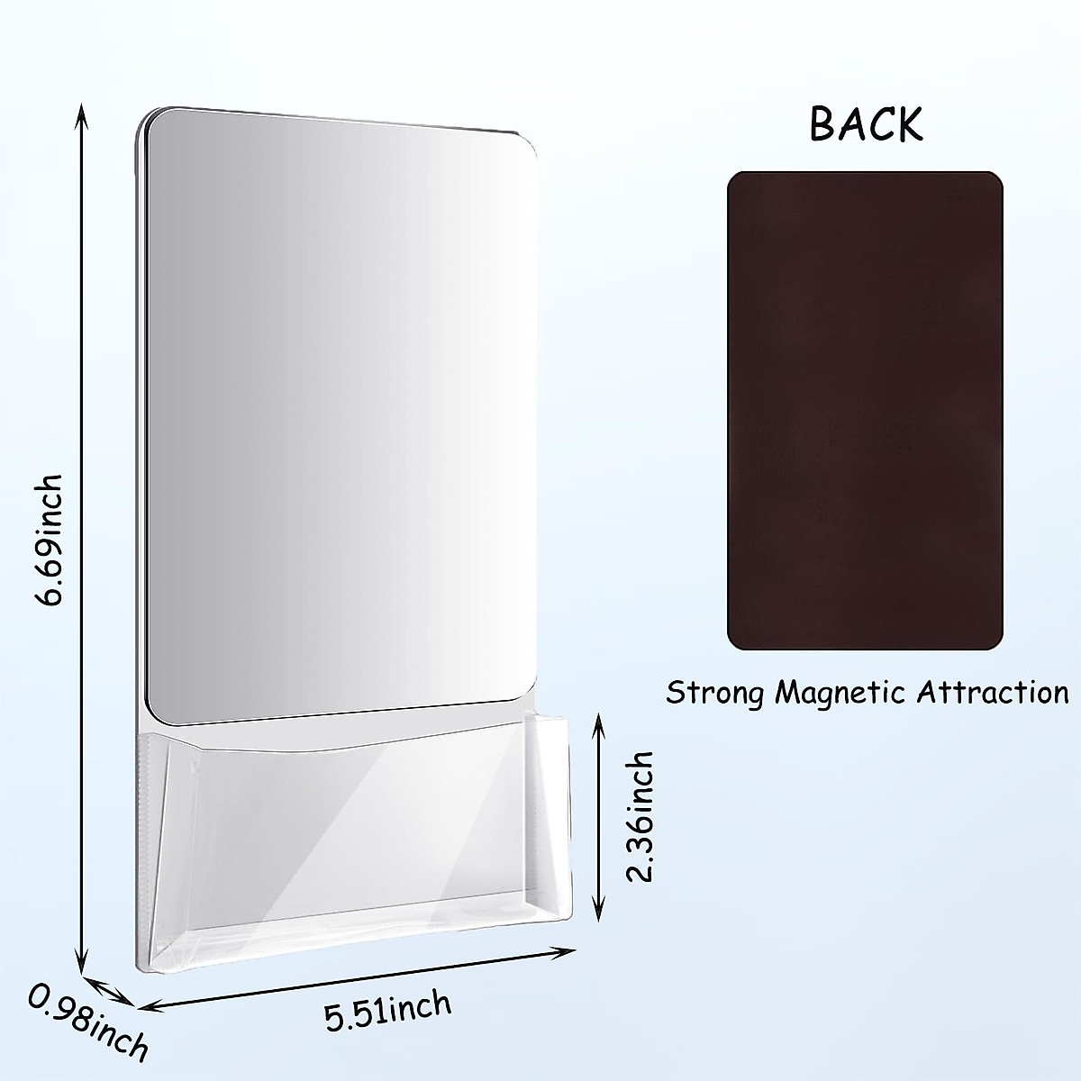SUWARMN Magnetic Locker Mirror, 6.69" x 5.51" Coat Locker Mirror with Holder Bag, Magnetic Mirror with Organizer for Coat Locker Cabinet Refrigerator Bathroom Office Fridge - White