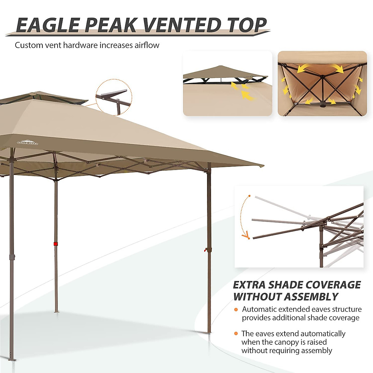 EAGLE PEAK 13x13 Straight Leg Pop Up Canopy Tent Instant Outdoor Canopy Easy Single Person Set-up Folding Shelter w/Auto Extending Eaves 169 Square Feet of Shade (Beige)