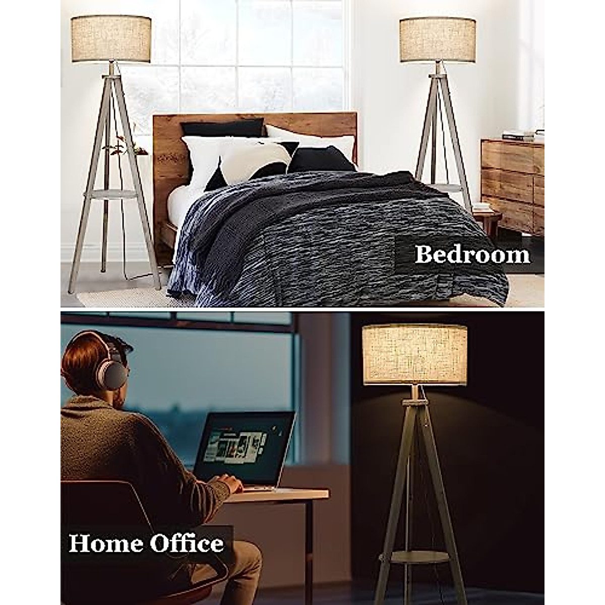 ELYONA Tripod Floor Lamp for Living Room Solid Wood Floor Lamp with Table - Farmhouse Shelf Tall Reading Standing Light with Drum Shade for Bedroom, Office, Study Room, 9W LED Bulb Included, Grey