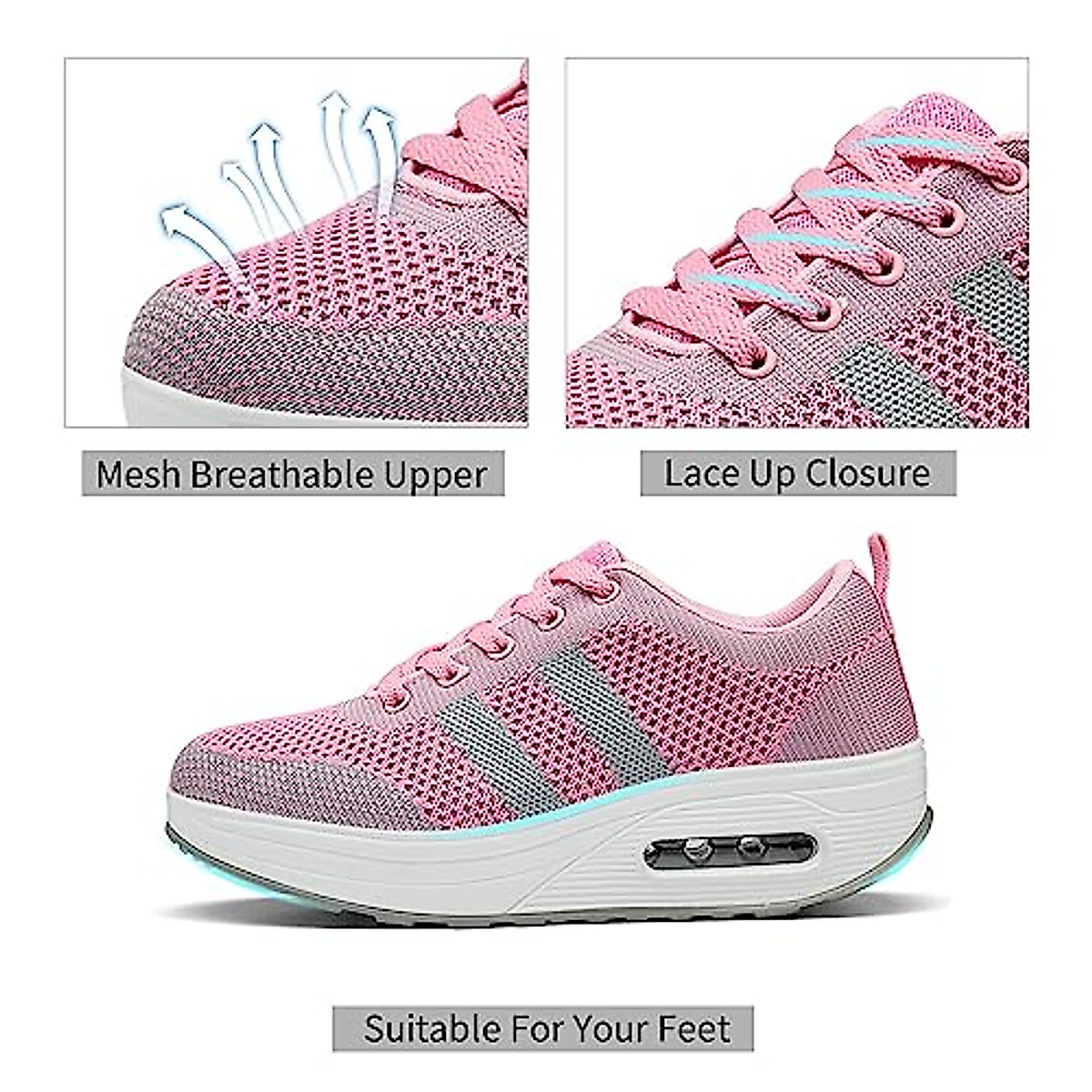 Lymeral Womens Walking Tennis Shoes, Slip On, Air Cushion,Mesh Upper, Lace Up Sport Shoes for Women, Pink, 8