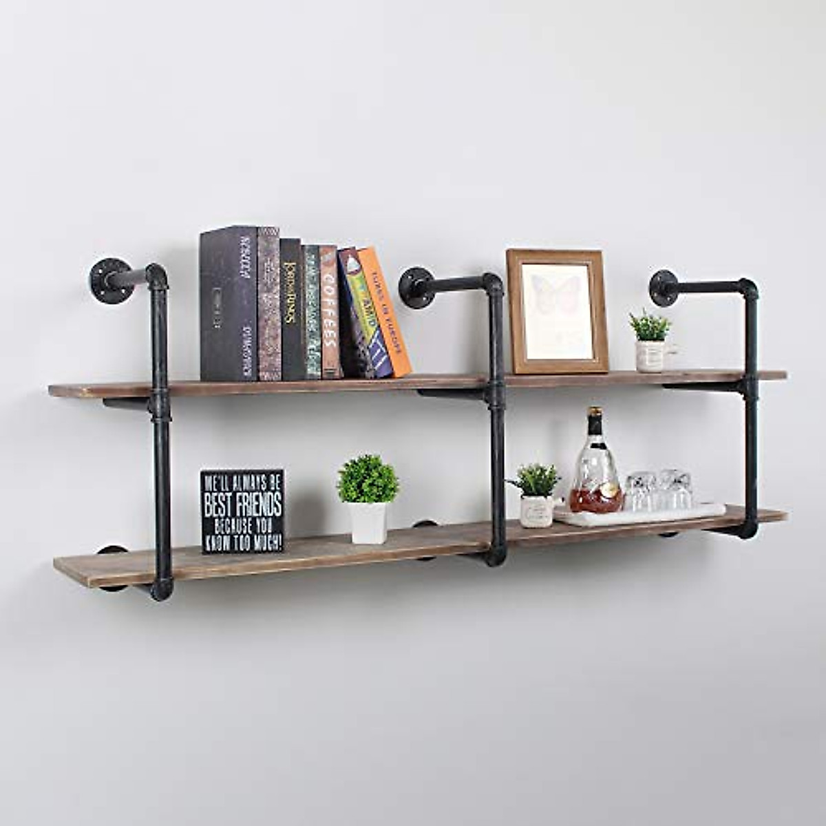 Industrial Pipe Floating Shelves,2 Tiers Wall Mount Bookshelf,63in Rustic Wall Shelves,DIY Storage Shelving Wall Shelf,Rustic Wall Shelving Unit,Wall Book Shelf for Home Organizer,Black Brushed Silver