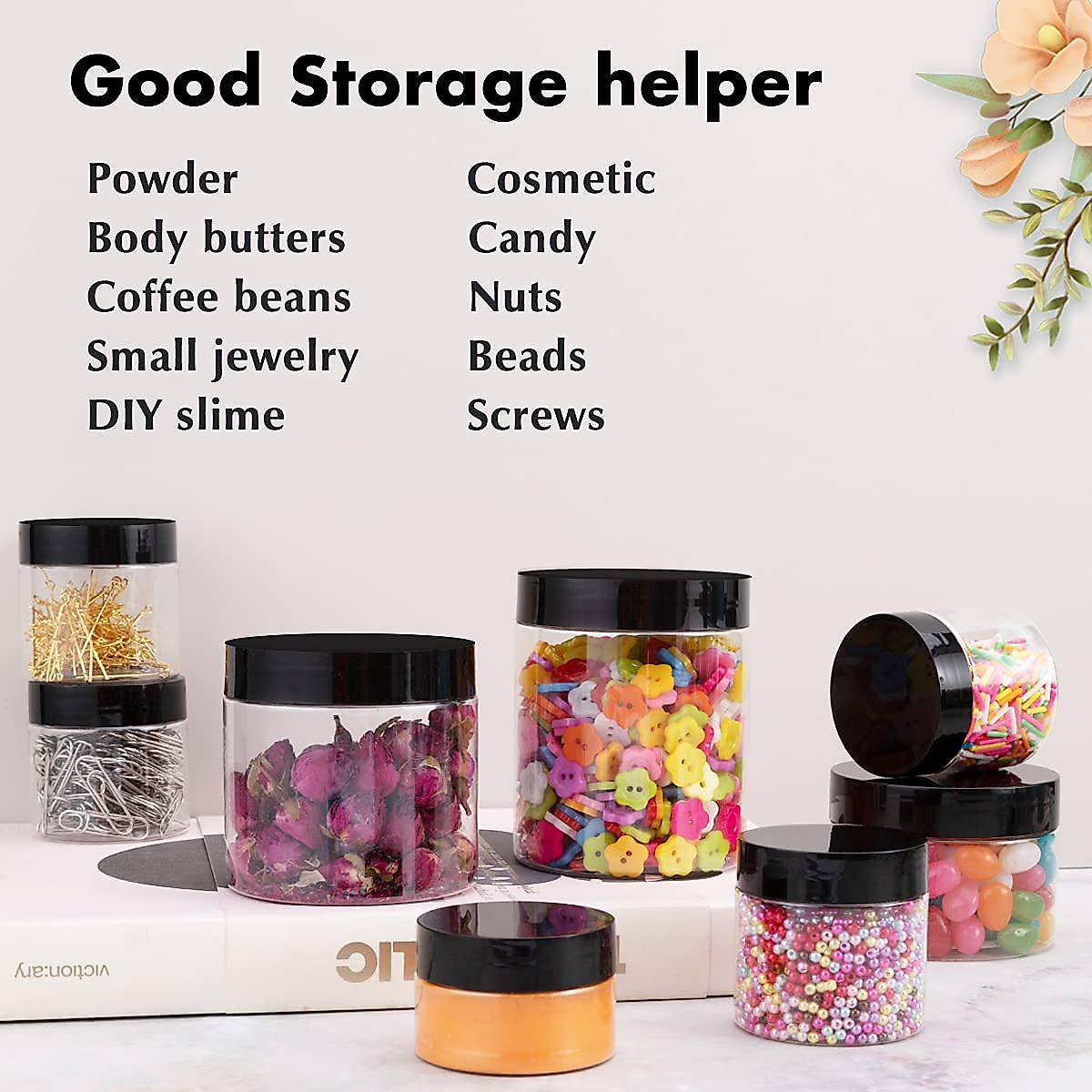 4 oz Plastic Jars with Lids, Round Clear Cosmetic Jars, Wide-mouth Plastic Containers with Inner Liners and Labels for Beauty Products, Makeup, Lotions, Body Scrub, Creams (Black Lid, 6 Pieces)