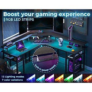 Coleshome L Shaped Gaming Desk with LED Lights & Power Outlets, Reversible 56" Computer Desk with Full Monitor Stand & Storage Shelves, Ergonomic Home Office Corner Desk, Black