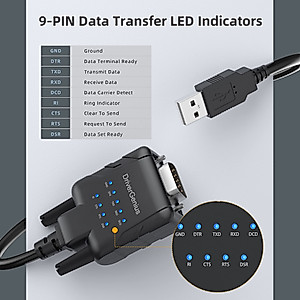 DriverGenius USB to Serial RS232 DB9 Adapter Cable with 9 x LED Indicators - Prolific PL2303 - Compatible with Windows 11, macOS Sequoia 15.1.1, Linux (USB232A-E-A, 3ft/1m)