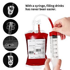 50 Packs Halloween Blood IV Bags for Drinks, Halloween Drinks Pouches Reusable Juice Container for Zombie Theme Carnival Vampire Party Decorations Supplies, 12.6 fl.oz (50pcs Bag, 50 Label,3 Syringes)