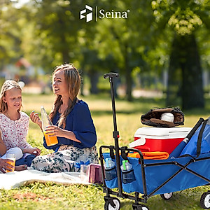 Seina Heavy Duty Steel Compact Collapsible Folding Outdoor Portable Utility Cart Wagon w/All Terrain Rubber Wheels and 150 Pound Capacity, Blue