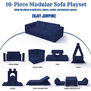 MeMoreCool Modular Kids Play Couch, 10 Piece Foam Lounge Sofa for Playroom, Large Toddler Bed and Block Couch for Boys, Navy