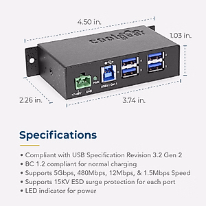 4 Port USB 3.2 Gen 1 Powered Hub w/ESD Surge Protection