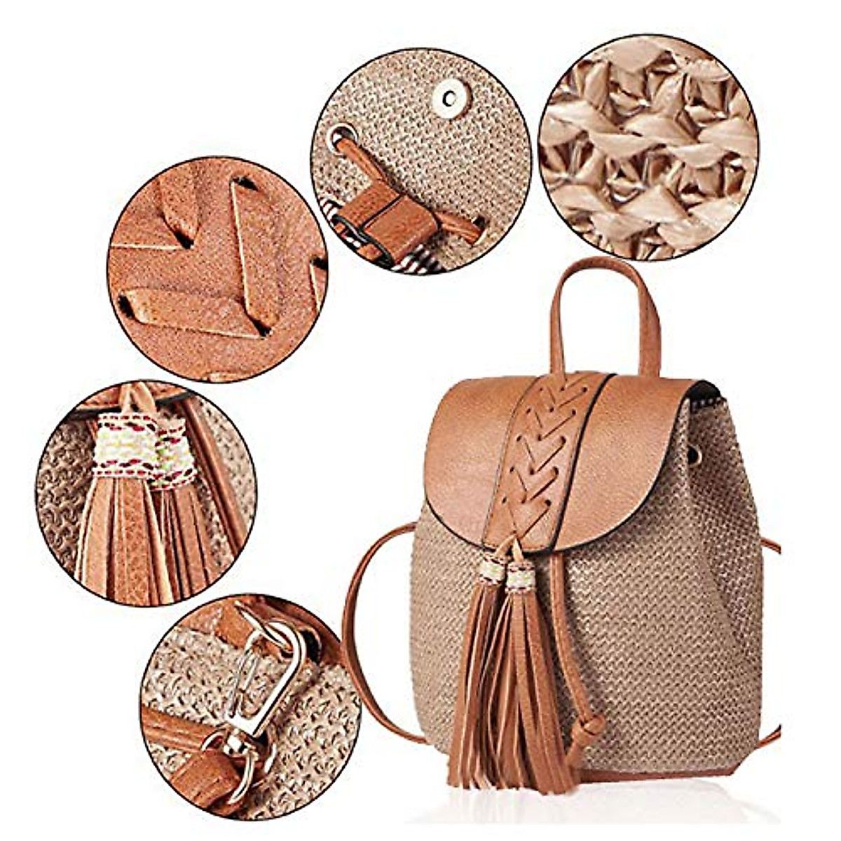 Meyaus Women Small Braid Tassels Straw Woven Backpack PU Leather Flap Drawstring Daypack Shoulder Bag