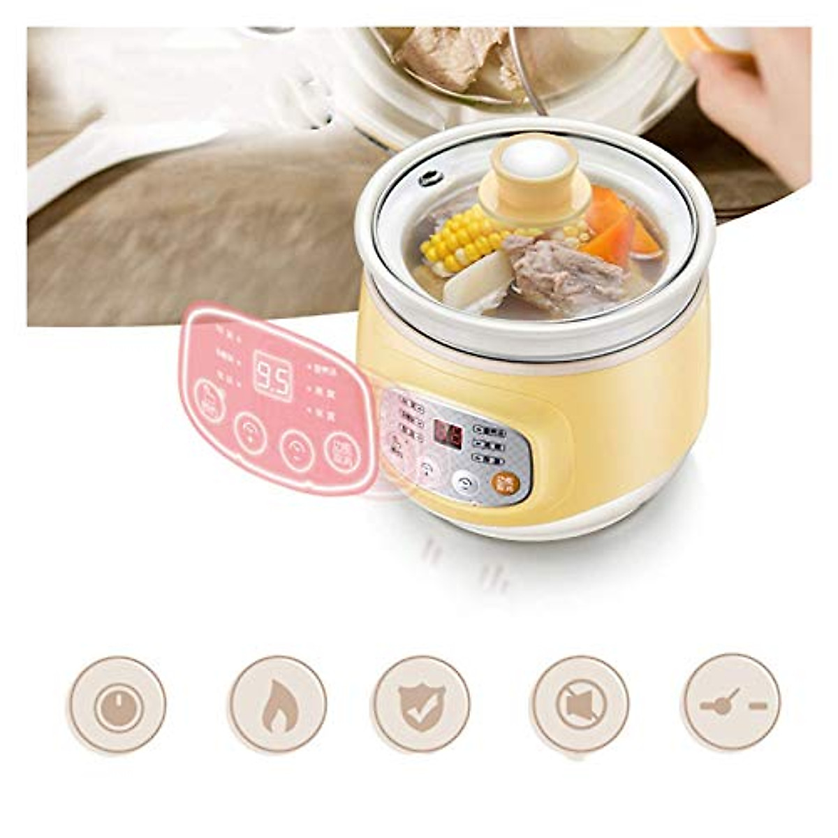 Slow Cookers 1L 220V Electric Ceramic Slow Sous Vide with Cooker Yellow Timing Setting Low Noise Stewed Meat Pot Suitable for Soup Cook Stew Taste Delicious (Color : A)
