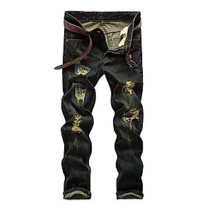 WEEN CHARM Mens Distressed Ripped Biker Slim Fit Straight Destroyed Wash Jeans Moto Denim Pants Black