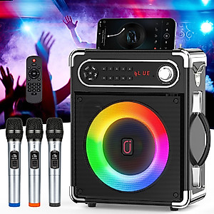 HWWR Karaoke Machine with 3 Wireless UHF Microphones for Adults, Portable Bluetooth Speaker, Party Speaker with Disco Lights for Outdoor, PA System Karaoke Speaker Support TWS, Unpowered Cabinets
