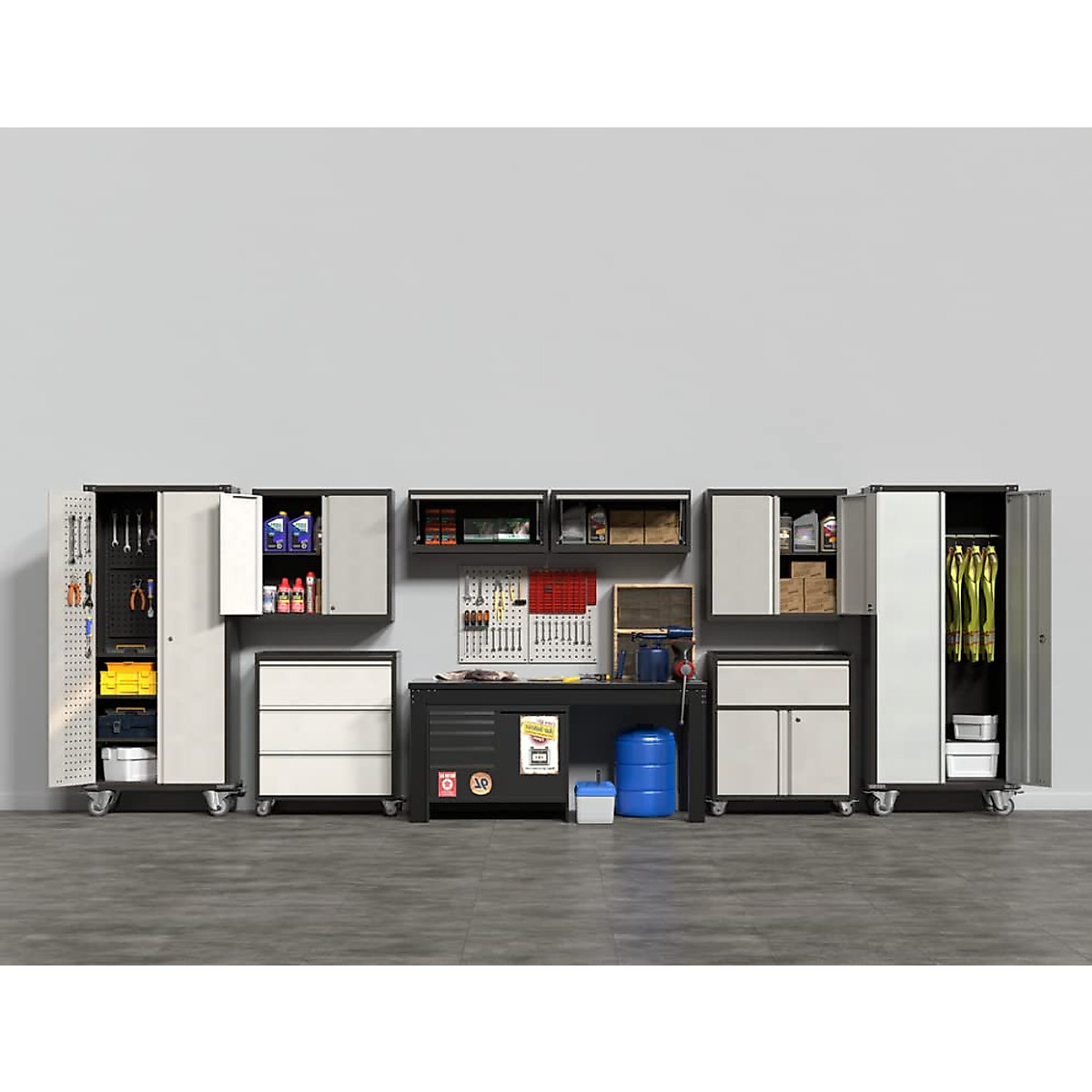 SUXXAN Garage Metal Storage Cabinet with Wheel for Home Garage/Adjustable Shelves, Lockable, Stiffener and Bumpers Design, Six Cabinets
