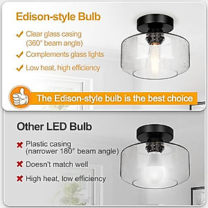 Industrial Semi Flush Mount Ceiling Light, 800 Lumen LED Bulb Included, Seeded Glass Shade Farmhouse Light Fixture for Hallway Corridor Kitchen Bathroom Bedroom Passway