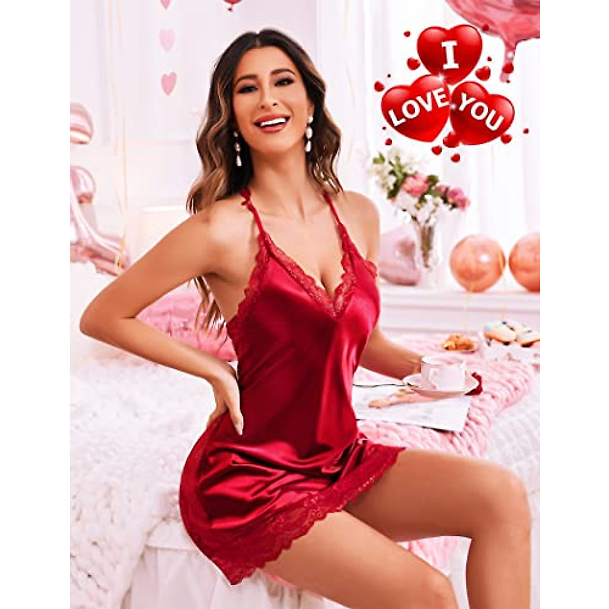 Avidlove Women Lingerie Satin Lace Chemise Nightgown Sexy Full Slips Sleepwear (Medium, 1Red)