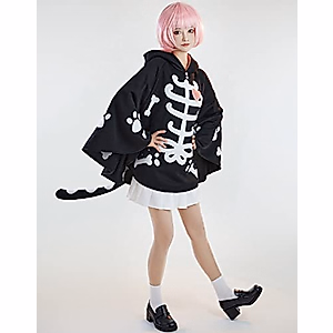 haikyuu Women Halloween Skeleton Cat Cape Skull Cosplay Cloak With Tail Onesie Kigurumi Fleece Hooded Poncho Cosplay Party Comic Con (large)