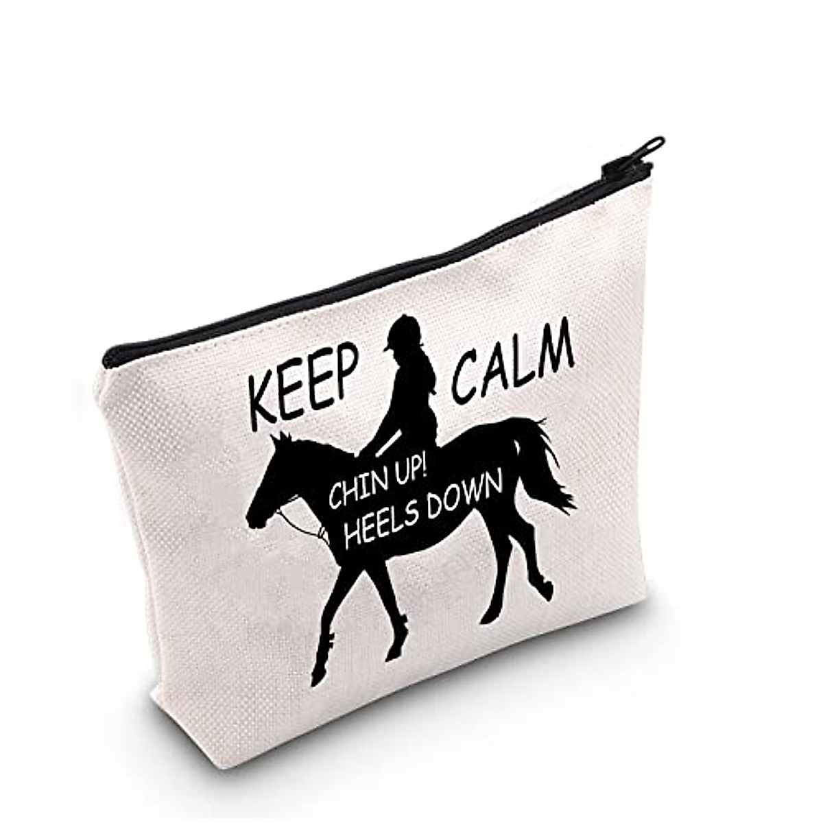 G2TUP Horse Lover Gift Keep Calm Chin Up Heels Down Makeup Bag Cowgirl Equestrian Rider Cosmetic Bag Horse Riding Gift Horse Zipper Travel Bag (Chin Up Heels Down White Bag)