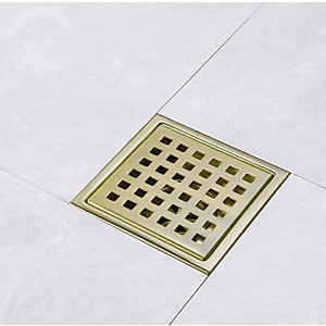 Orhemus 4 Inch Square Shower Drain with Adjustable Shower Drain Base Flange, SUS 304 Stainless Steel Floor Drain with Removable Cover Grid Grate, Brushed Gold Brass Finished