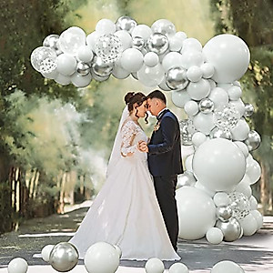 White Silver Balloon Garland Arch Kit,106pcs Balloons Set Included White Metallic Silver Clear and Confetti Balloons Decorations For Birthday Wedding Bridal Shower Baby Shower Bachelorette Party Decor (White Silver)