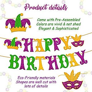 Mardi Gras Birthday Decorations Carnival Happy Bday Banner Green Gold Purple Foil Curtains Backdrop Hanging Swirls Decor Fat Tuesday New Orleans Masquerade fleur de lis Theme Festival Party Supplies