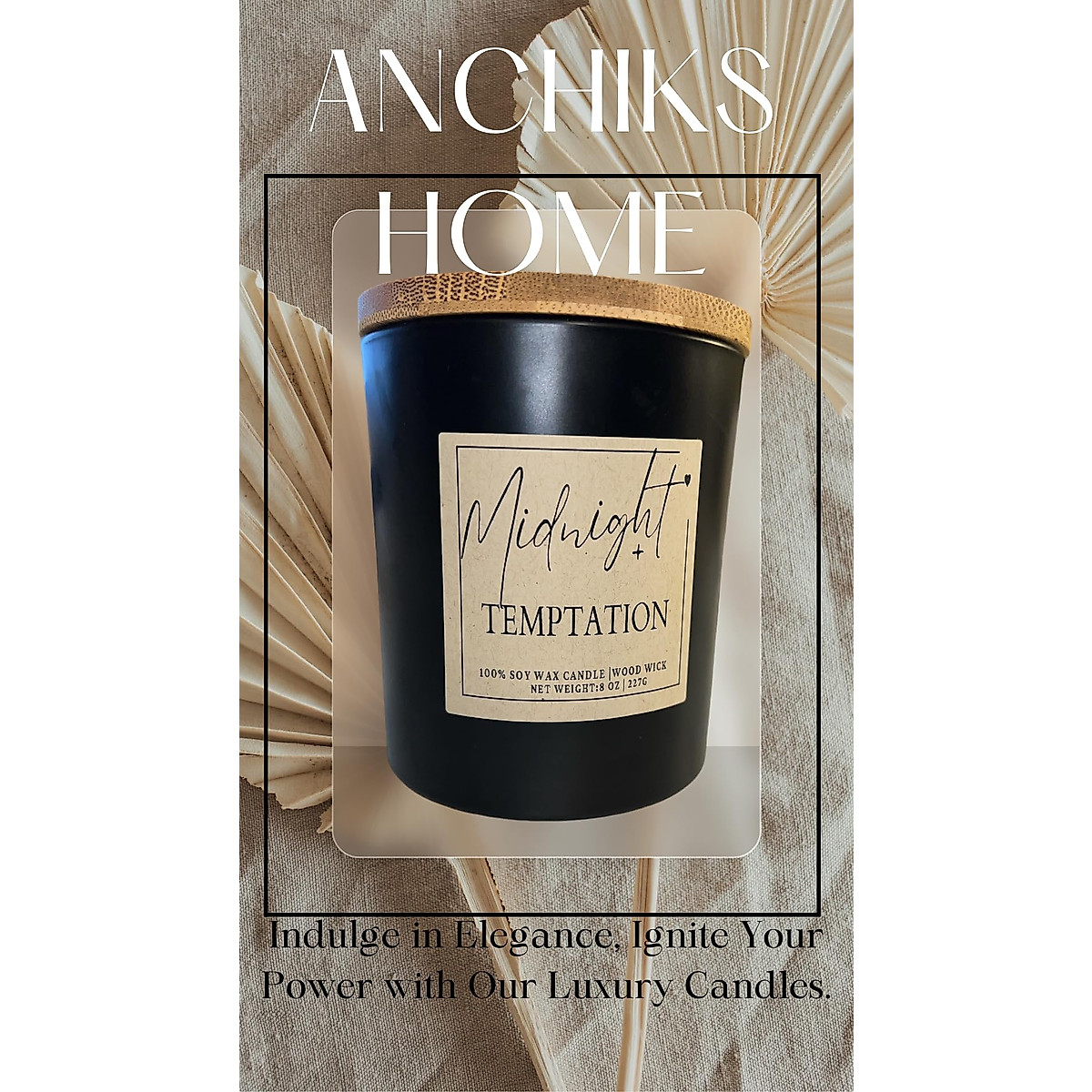 Midnight Temptation Luxury Scented Candle | 8 oz 100% Soy Wax | Wood Wick | Black Jar | Rich Channel, Wood, & Tobacco Caramel Notes | Fall Candle Collection