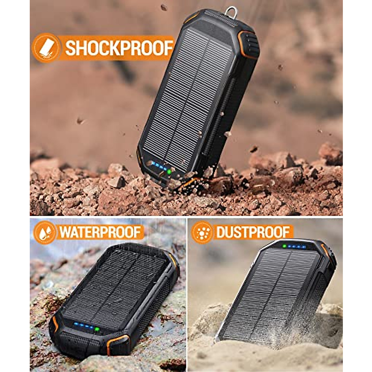 Solar Power Bank 36000mAh,Solar Charger Wireless Built in 3 Cables IPX5 Waterproof Portable Solar External Battery Pack with 3 Input 4 Output 15W USB C Port Camping Flashlight iPhone Samsung Tablet