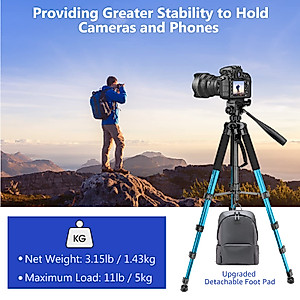 Aureday 74’’ Camera Tripod with Travel Bag,Cell Phone Tripod with Wireless Remote and Phone Holder, Compatible with DSLR Cameras,Cell Phones,Projector,Webcam,Spotting Scopes(Blue)
