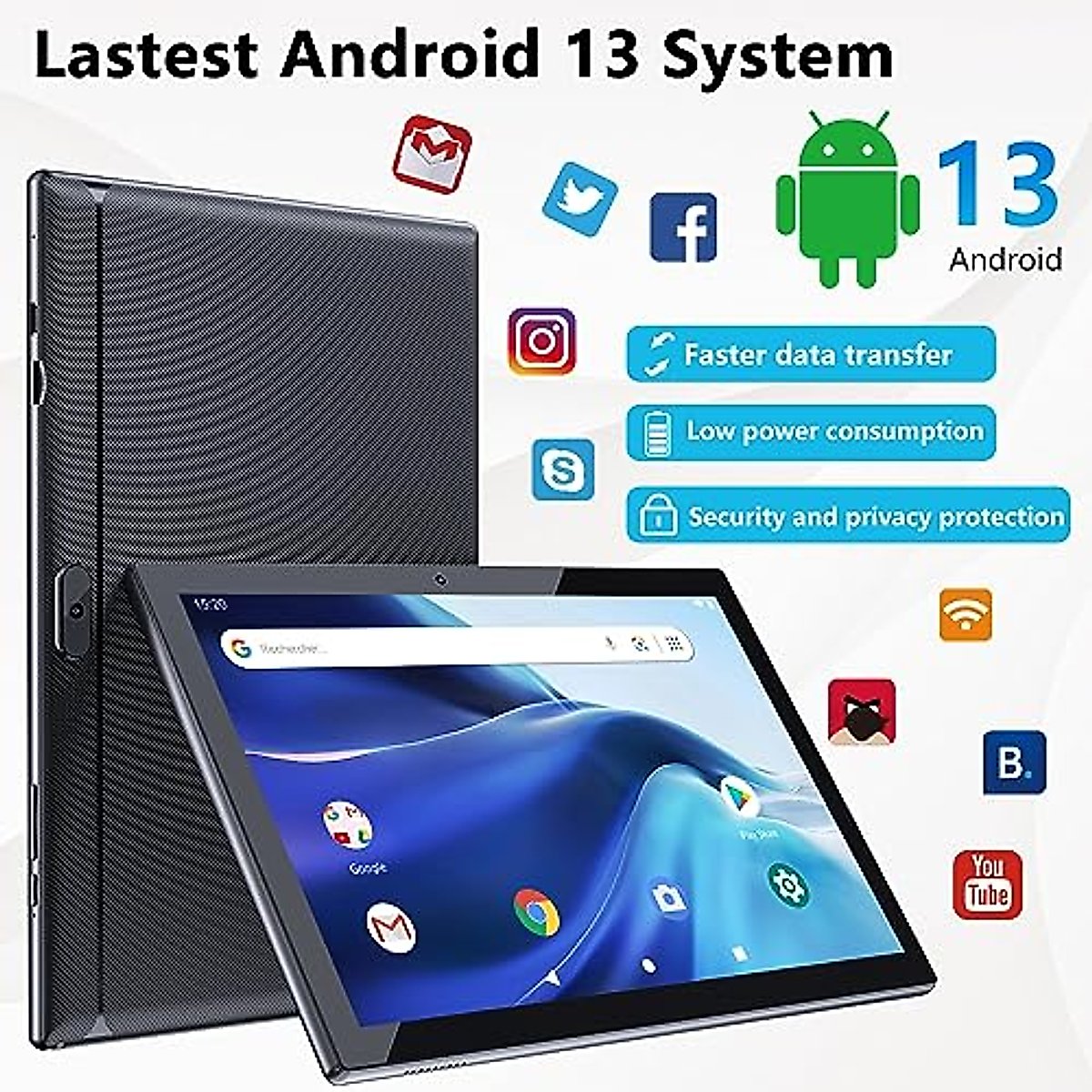 2024 Newest Android 13 Tablet with Keyboard 10 Inch 2 in 1 Tablets, 12GB RAM 128GB ROM 1TB Expand, Quad-Core 2.0GHz CPU Tablet PC, 5G WiFi 6 BT 5.0, 8MP Camera, Google Certified Tableta