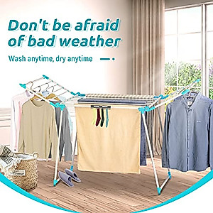 YUBELLES Clothes Drying Rack, Gullwing Laundry Rack, Collapsible, Space-Saving Laundry Rack, with Bonus Sock Clips, for Clothes, Towels, Linens, Indoor/Outdoor, Cyan