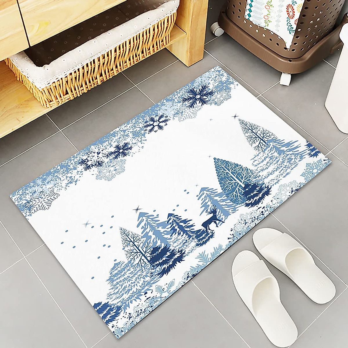 Christmas Winter Kitchen Rugs and Mats Set of 2 New Year Abstract Snowflake Elk Blue Xmas Kitchen Mat,Non-Slip Area Runner Rug,Washable Floor Mat for Home Dining Room Office 16x24in+16x47in