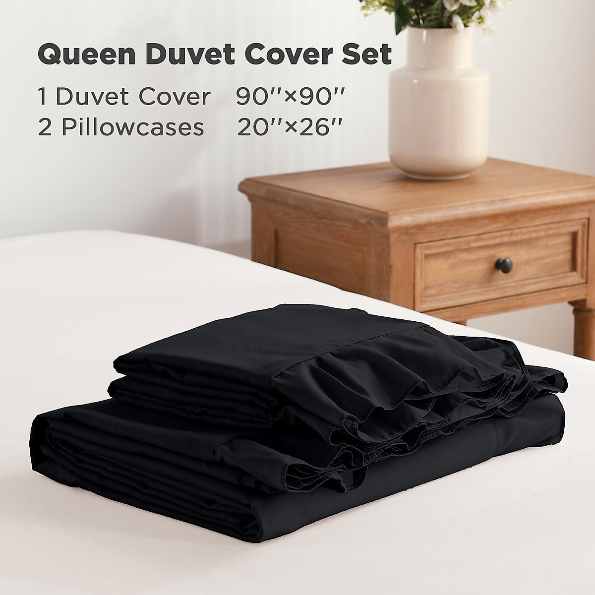 Andency Black Duvet Cover Queen Size, 3 Pieces Ruffle Duvet Cover Set, Soft Microfiber Queen Duvet Cover Bedding Set with Zipper Closure