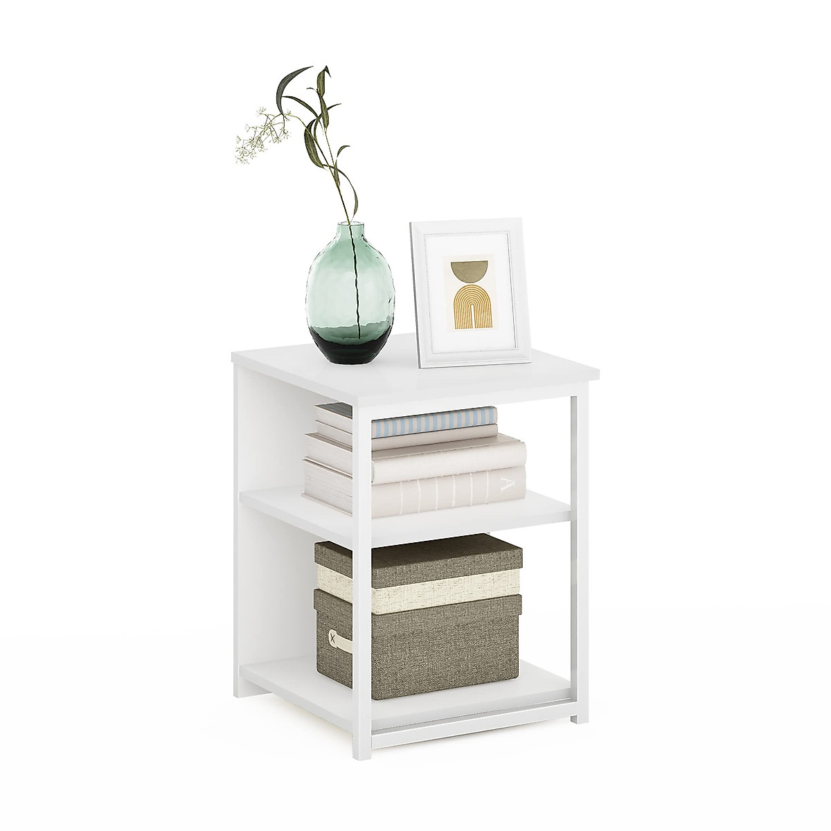 Furinno Camnus Modern Living End Sofa Side Table/Nightstand with Metal Frame Support, Solid White/White
