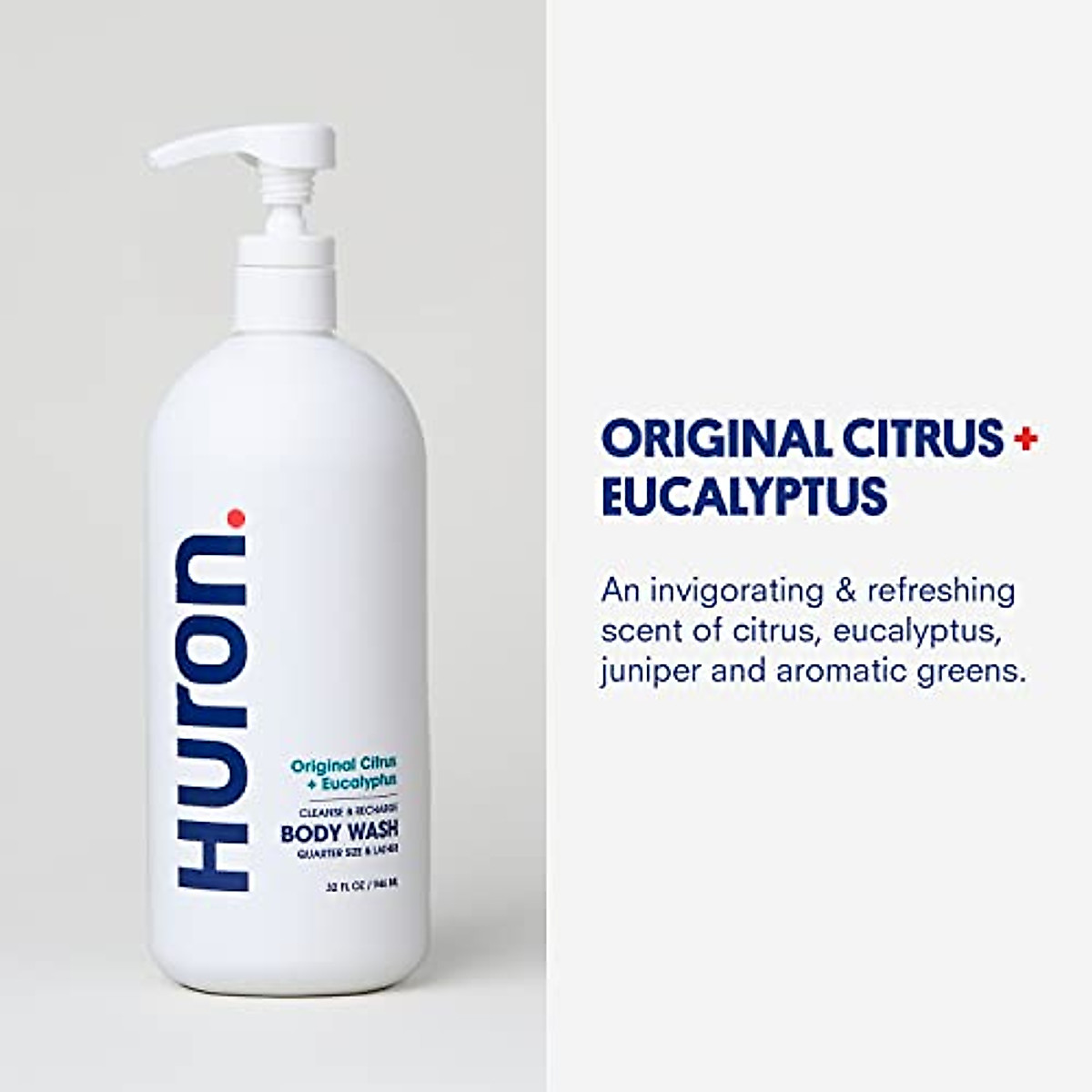 Huron Men's Moisturizing Body Wash - Crisp & Invigorating Scent of Citrus, Eucalyptus, Mint, & Aromatic Greens - Made With Coconut Oil, Vitamin E & Witch Hazel - 32 fl oz