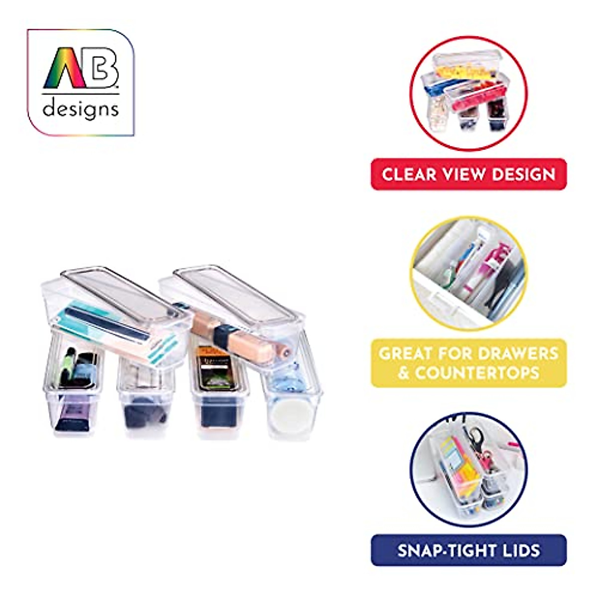 AB Designs Bin Pack, [6] Long Home Organizer Storage Boxes with Lids, Translucent Clear