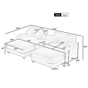P PURLOVE Sectional Sofa with 2 Removable Ottomans, Chenille Upholstered Sofa with 2 USB Ports, 2 Cup Holders and Large Storage Box for Living Room, Beige