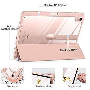 Wenlaty Case Compatible with iPad Air 5th Generation (2022) / 4th (2020) 10.9 Inch Pencil Holder, for 5/4 Case, Slim Smart Cover Clear Back Shell, Rose Pink