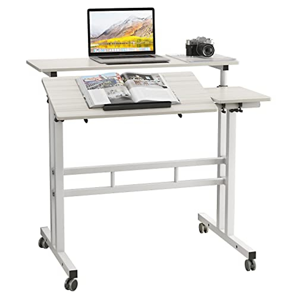 DlandHome Adjustable Rolling Desk Standing Desk, Sit-Stand Desk Cart Mobile Computer Desk Stand Up Desk Office Desk Riser Standing Table Workstation Mobile Desk, Maple