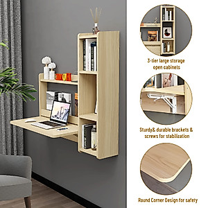 Pmnianhua Floating Desk,41''Wall Mounted Table Folding Fold Down Laptop Computer Desk with Storage Shelves for Wall Bedroom Small Space (Natural)