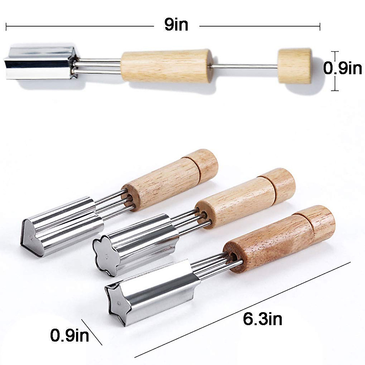 Goeielewe 3-Pack Vegetable and Fruit Cutter Shapes Set, Mini Pie, Stainless Steel Cookie Stamps Mold with Wood Handle, Cookie Cutter Decorative Food for Baking Crafts - Flower, Heart, Star