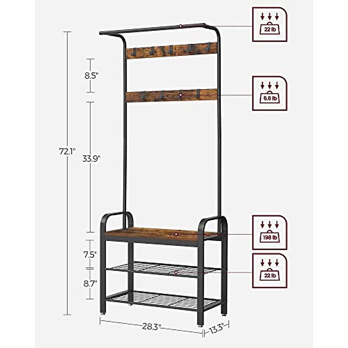 VASAGLE Coat Rack, Hall Tree with Shoe Bench for Entryway, Entryway Bench with Coat Rack, 4-in-1, with 9 Removable Hooks, a Hanging Rod, 13.3 x 28.3 x 72.1 Inches, Rustic Brown and Black UHSR40B